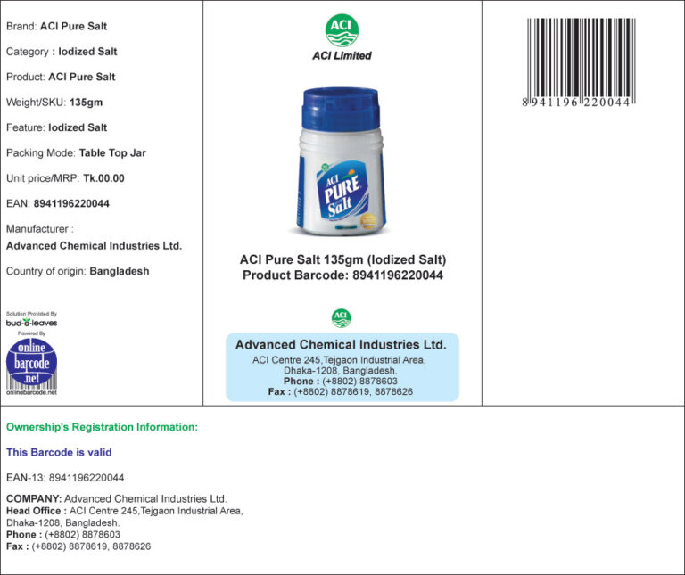 8941196220044 ACI Pure Salt 135 gm (Iodized Salt)