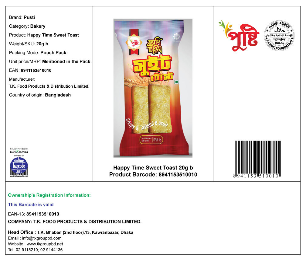 8941153510010 Happy Time Sweet Toast 20gm