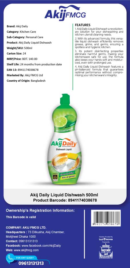 8941174038678 Akij Daily Liquid Dishwash 500ml